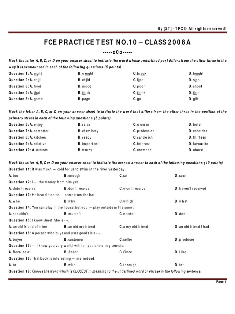 FCE Practice Test No.10 - 2008A | Download Free PDF | Mail | Envelope