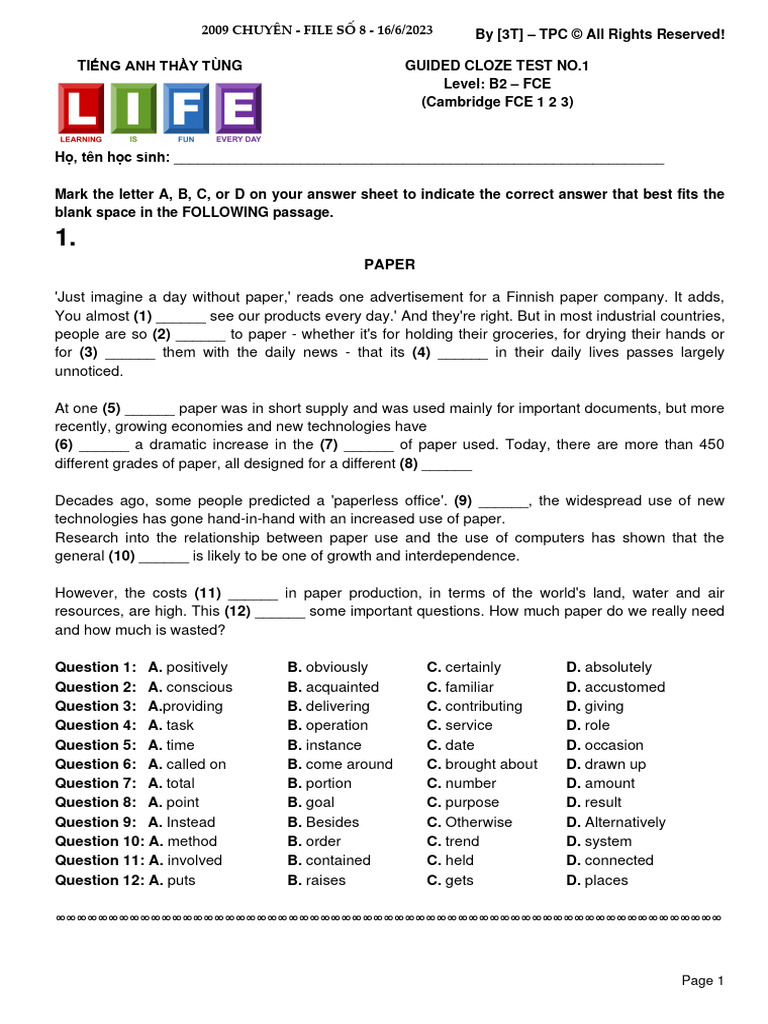 File R Guided Cloze Test No.1 Passage FCE | PDF | Market (Economics ...