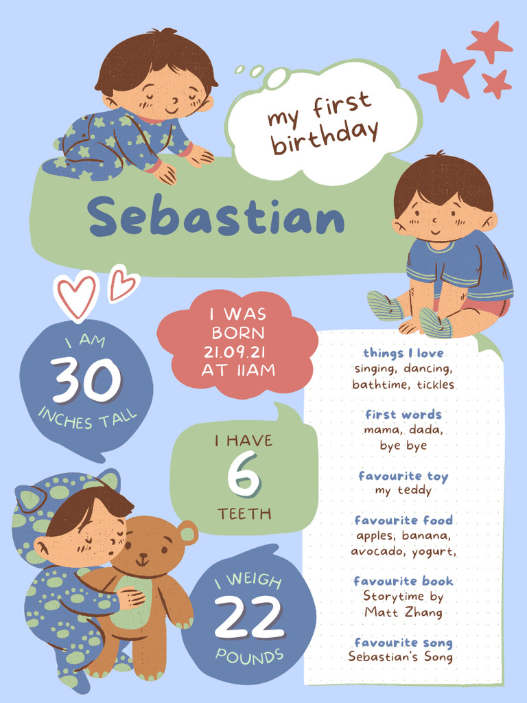 Blue Illustrated Baby Milestone All About Me Poster | PDF