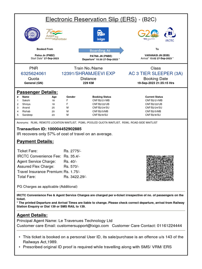 Electronic Reservation Slip (ERS) : 6325624061 12391/shramjeevi Exp Ac ...
