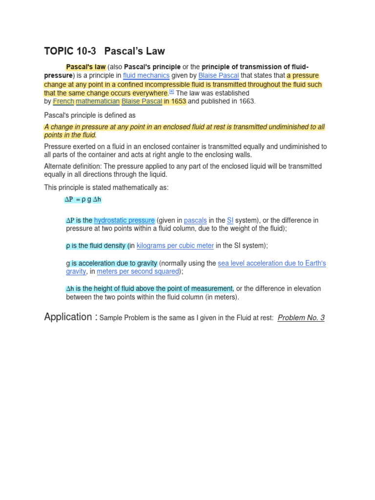 Pascal's Law (Fluid at Rest) | PDF | Teaching Methods & Materials | Technology & Engineering