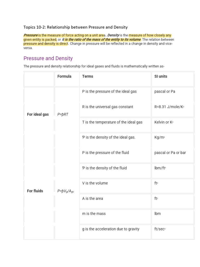 Topics 10-2 Relationship Between Pressure and Density | PDF | Density ...