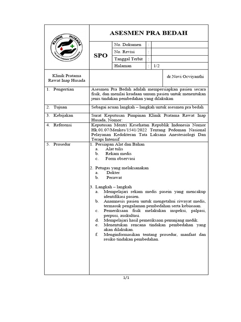 Sop Asesmen Pra Bedah Lengkap | PDF