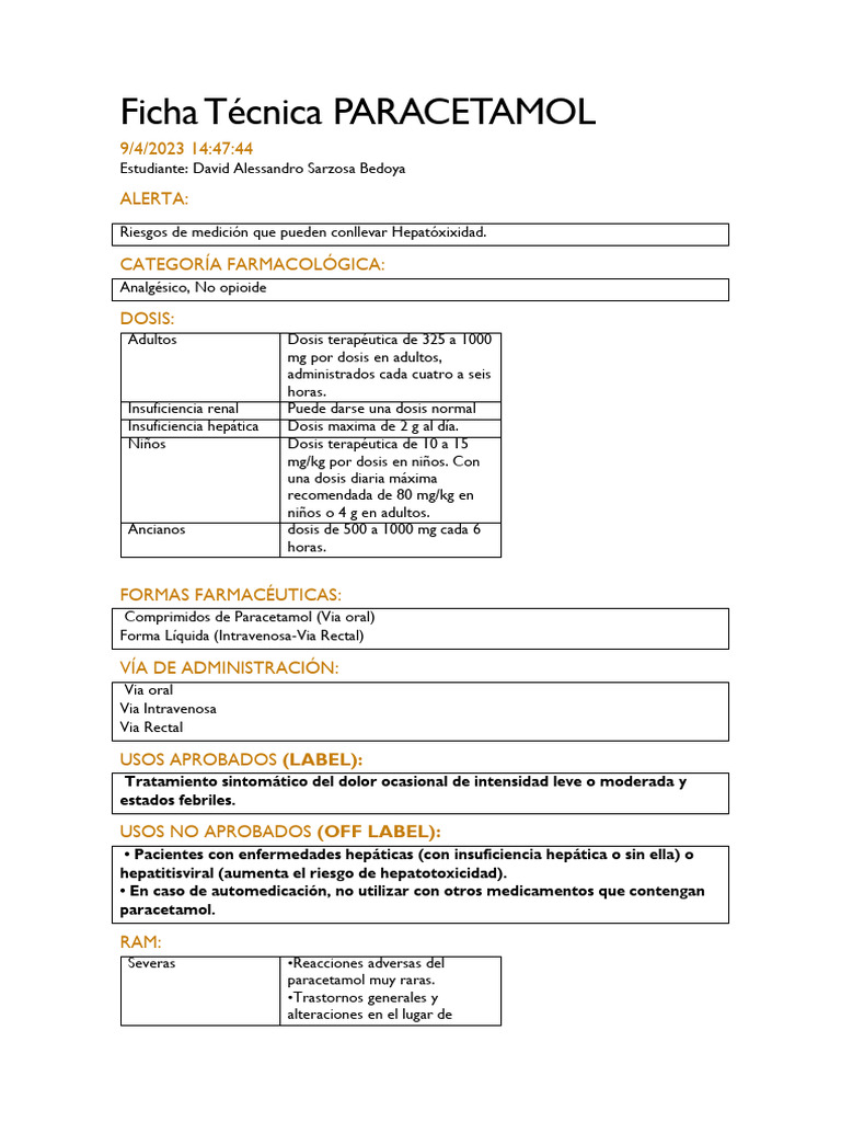Ficha Técnica PARACETAMOL | PDF | Medicamentos con receta ...