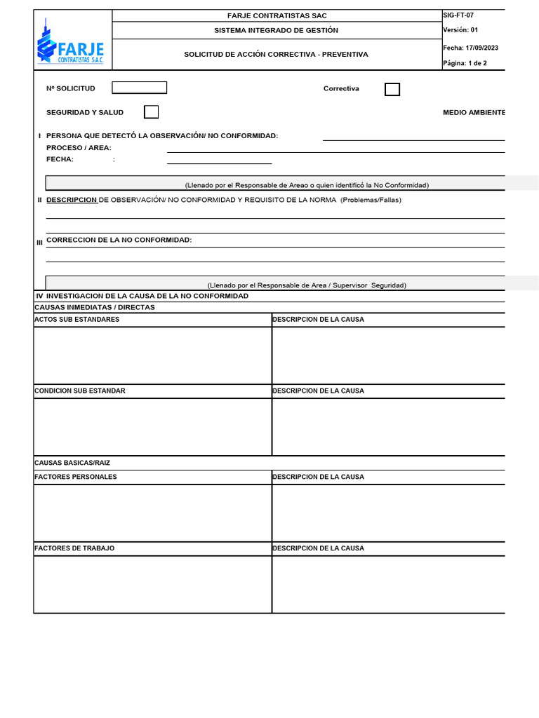 Sig-Ft-07 - Solicitud de Accion Correctiva-Preventiva | PDF
