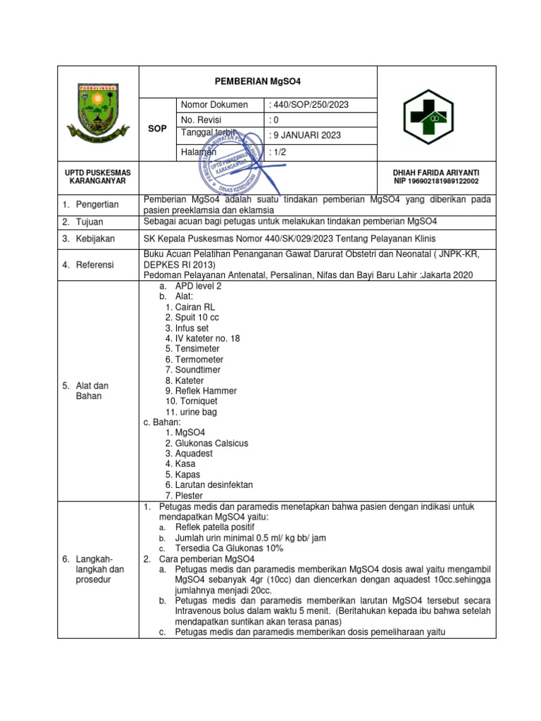 Sop Pemberian Mgso4 | PDF