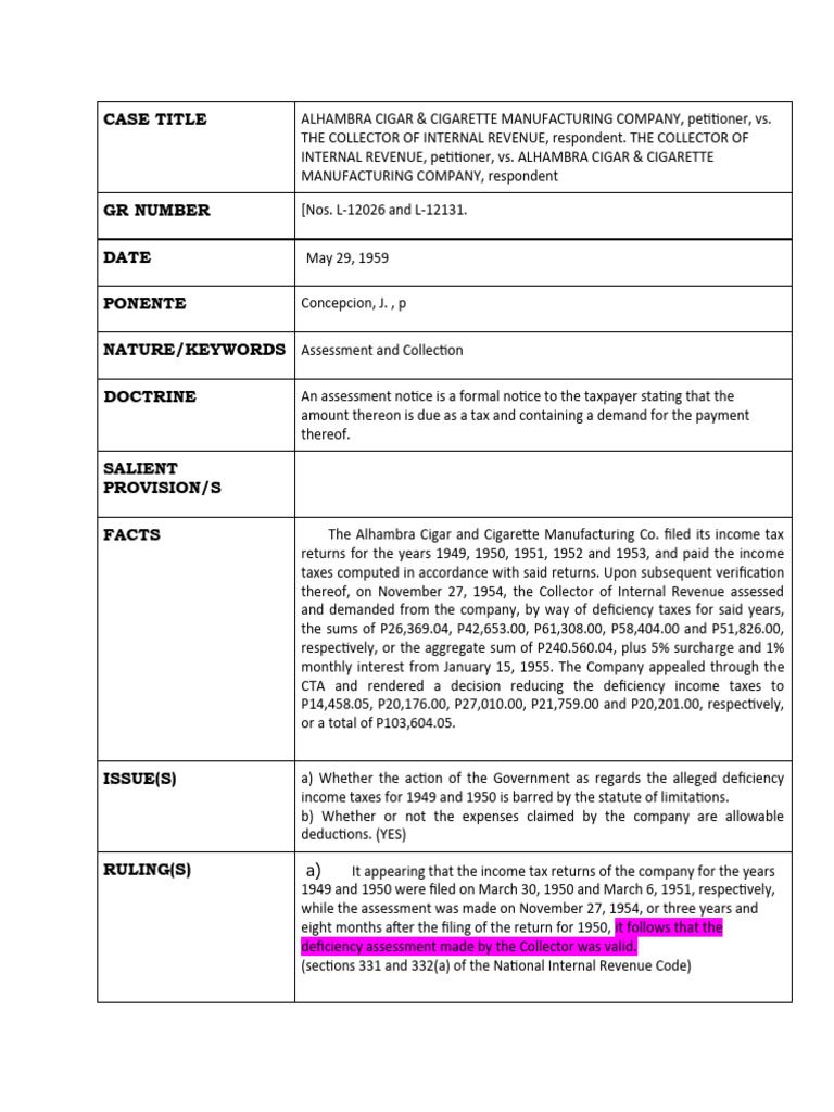 43. Alhambra Cigar & Cig. Mfg., Co. v. Collector, 105 Phil 1337 ...