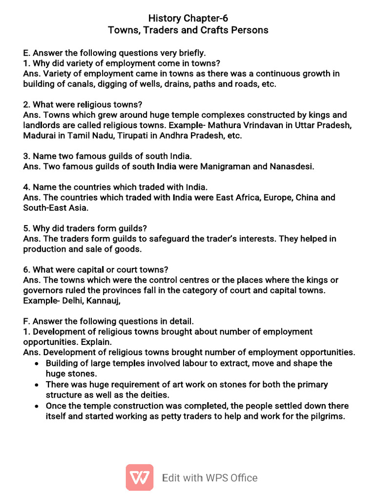 Class 7 History Ch.6 Towns Traders and Crafts Persons | PDF