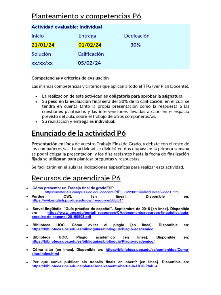 PEC 6 - TFG de Psicologia Social - Presentación y Defensa en Línea | PDF | Modificación de ...