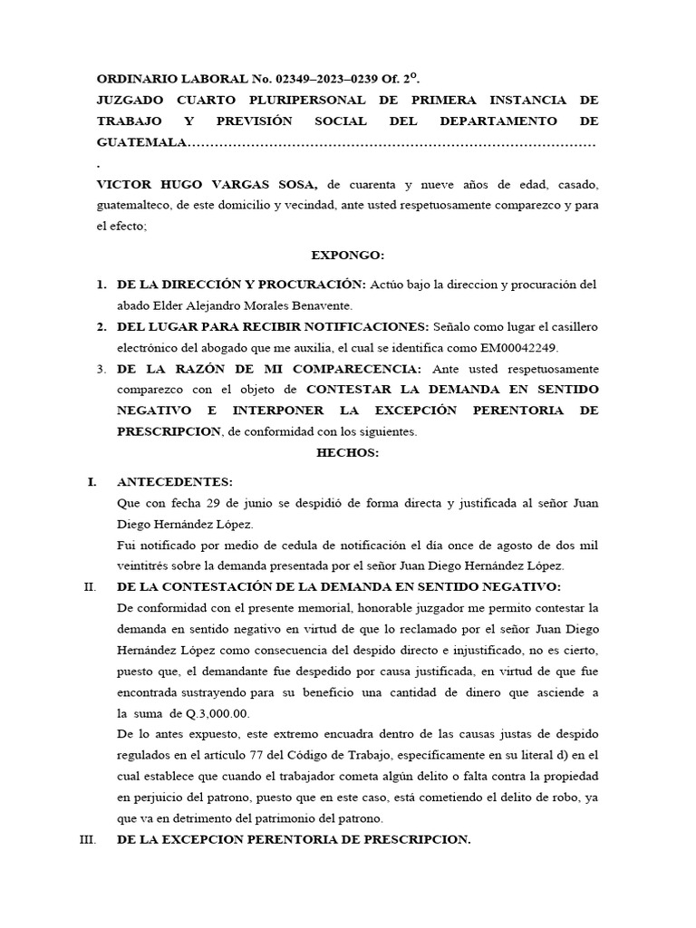 Contestación de Demanda Negativo y Excepción Prescripción | Descargar ...