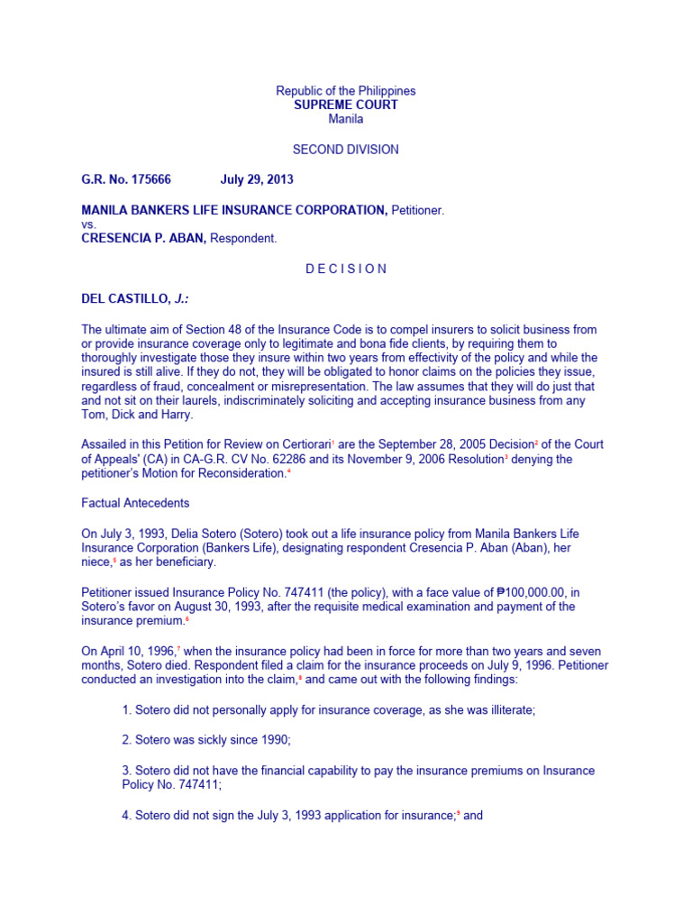 Manila Bankers Life Insurance Corp. vs. Aban, G.R. No. 175666, July 29 ...