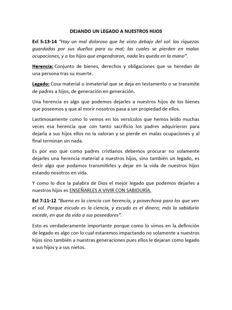 Dejando Un Legado A Nuestros Hijos | PDF