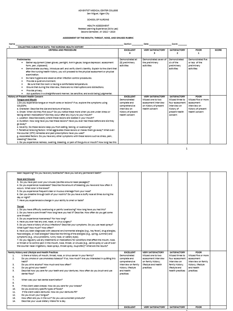 Mouth Assessment Rubric | PDF | Human Nose | Tongue