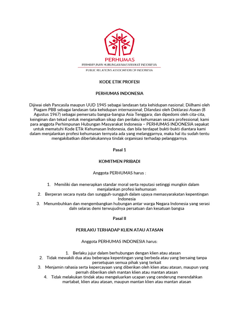 Kode Etik Profesi Humas - Perhumas | PDF
