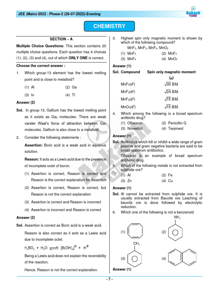 Ans & Sol - JEE (Main) - 2022 - Phase-2 - (26-07-2022) - Evening - (Chemistry) | PDF | Acid ...