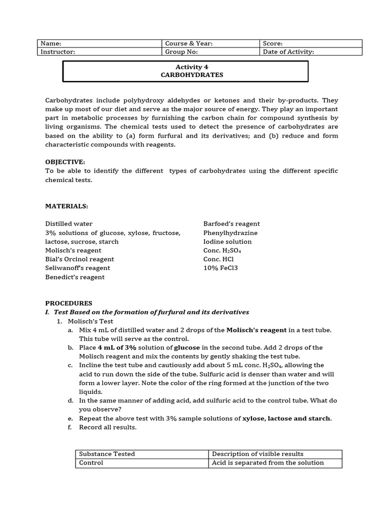 LAB 4 Carbohydrates | Download Free PDF | Glucose | Chemistry
