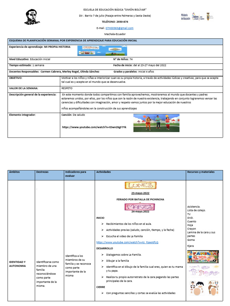 Planificación Semanal para Niños de 4 Años | PDF | Educación de la ...