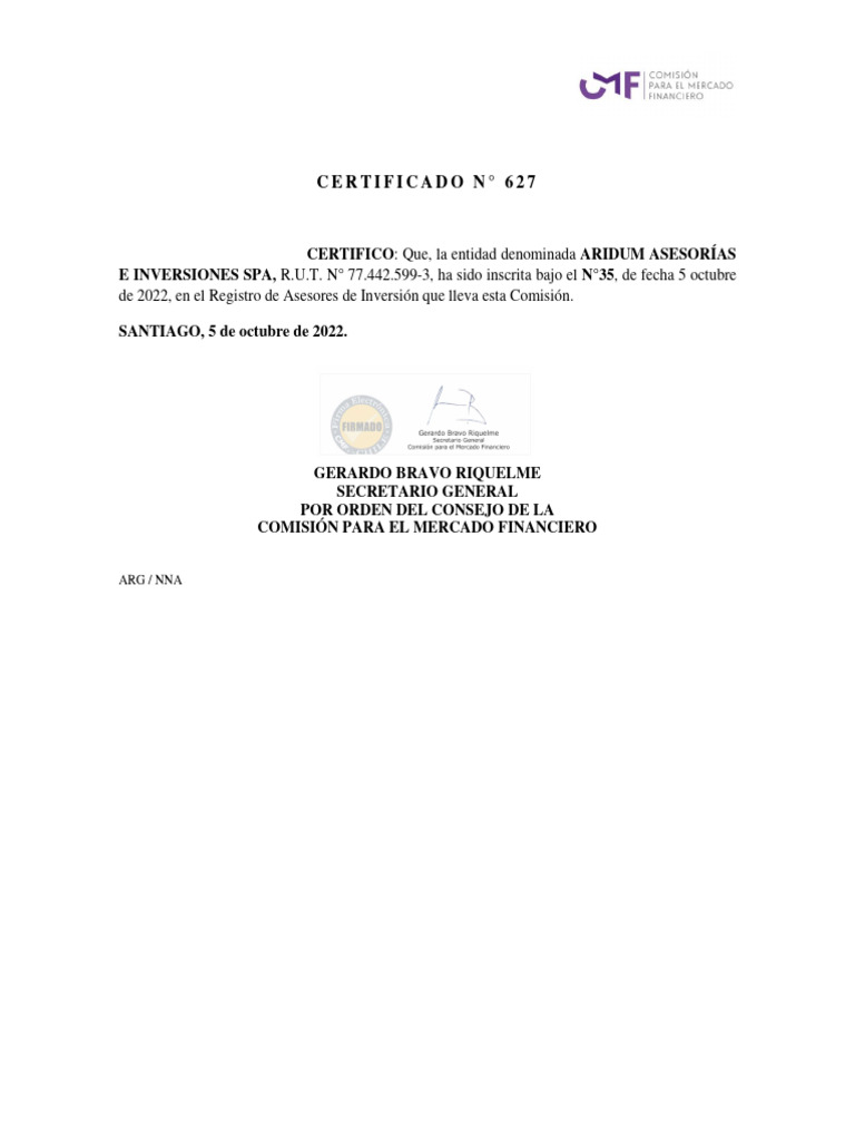 Certificado de Inscripción de ARIDUM SPA | PDF