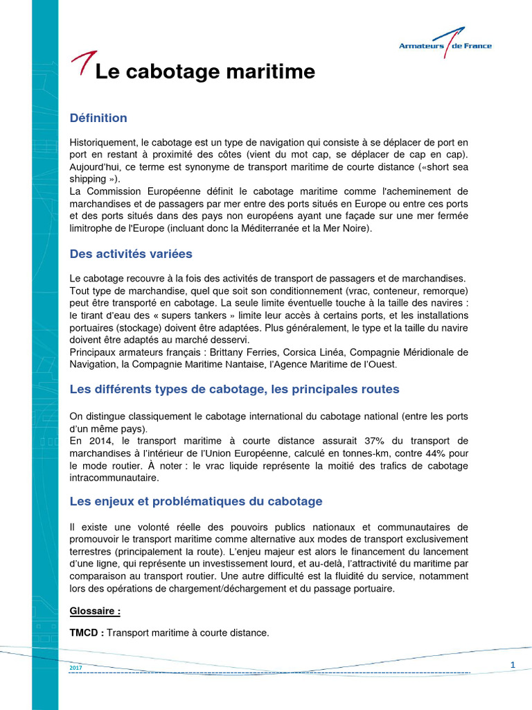 Définition et enjeux du cabotage maritime | PDF | Transport fluvial et ...