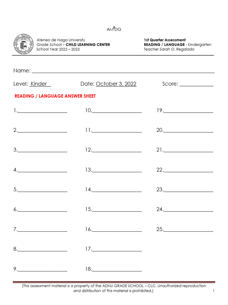 Kindergarten 1st Quarter Assessments | PDF