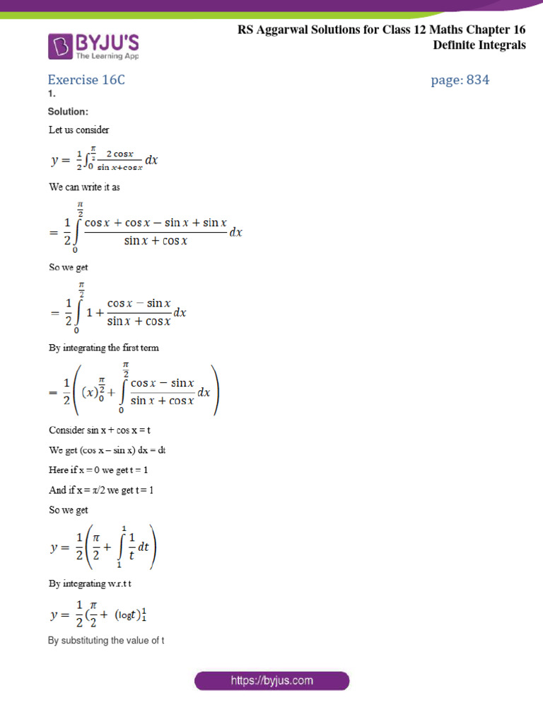 RS Aggarwal Solutions Class 12 Maths Chapter 16 Definite Integrals Exercise 16C | PDF ...