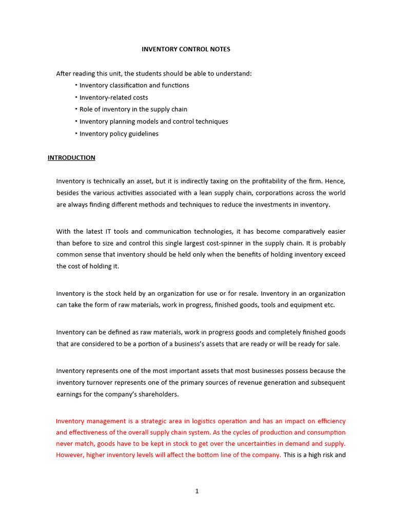 PSM 206 Lesson 1 Inventory Control Notes | Download Free PDF ...