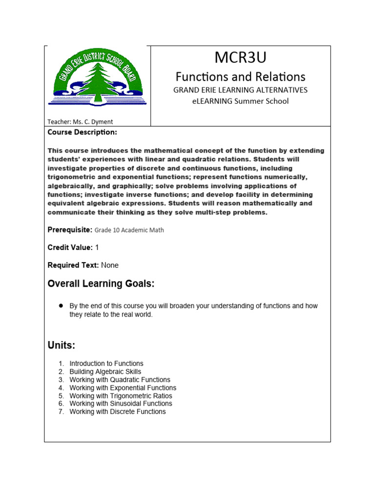 MCR3U Course Outline 2023 | PDF | Function (Mathematics) | Mathematics