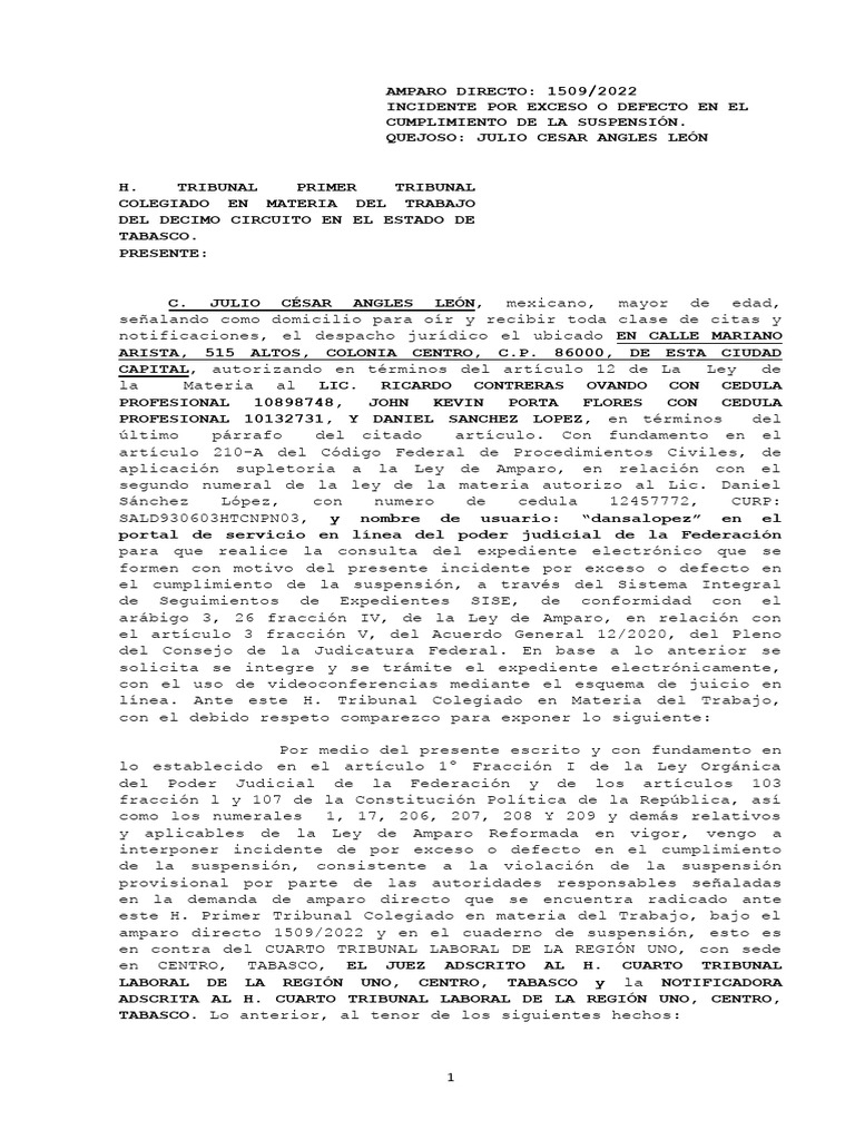 Incidente Por Exceso o Defecto en El Cumplimiento de La Suspensión Por Omision de Otorgar ...