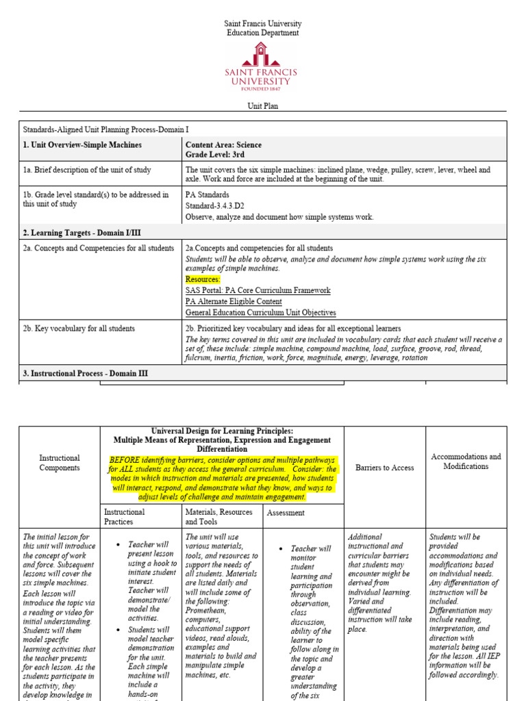 Sfu Unit Plan Table-Simple Machines | PDF | Learning | Machines