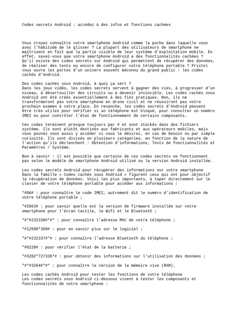 Codes Secrets Android Accédez À Des Infos Et Fonctions Cachées | PDF ...