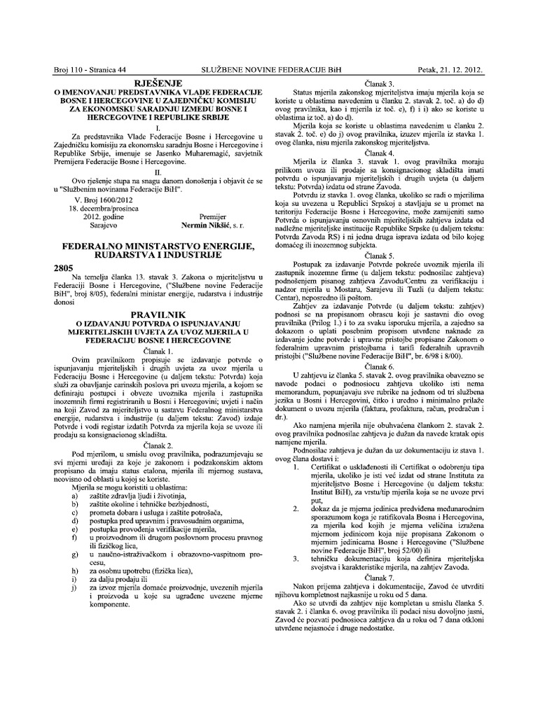 Pravilnik o Izdavanju Potvrda o Ispunjavanju Mjeriteljskih Uvjeta Za ...