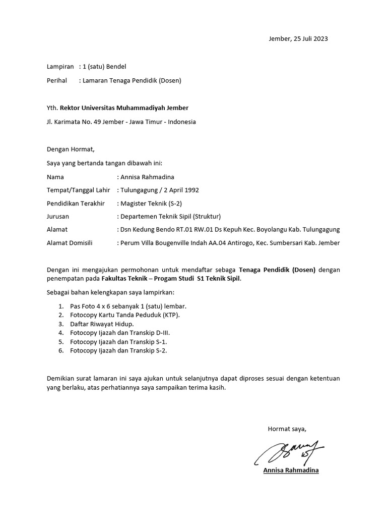 Surat Lamaran Annisa 2023 UNMUH | PDF