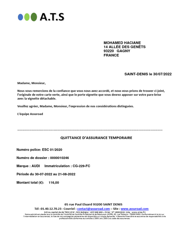 Assurance auto : Détails de la police | PDF