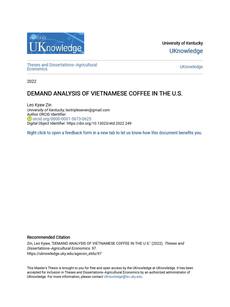 Demand Analysis of Vietnamese Coffee in The U.S. | PDF | Thesis | Copyright