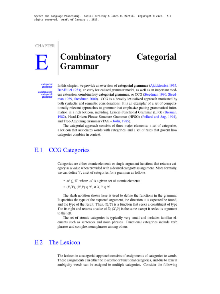Combinatory Categorial Grammar: E.1 CCG Categories | PDF | Lexicon | Phrase