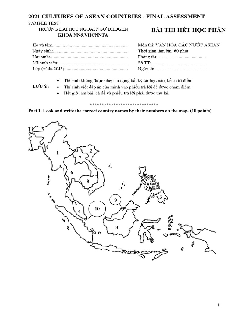 22-23 Sem 1 ASEAN Countries - Sample Test | PDF | Southeast Asia | Asia