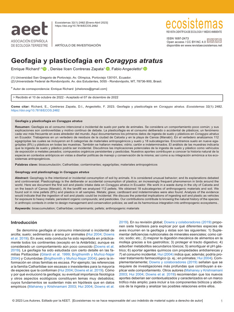Geofagia y Plasticofagia en Coragyps Atratus | PDF