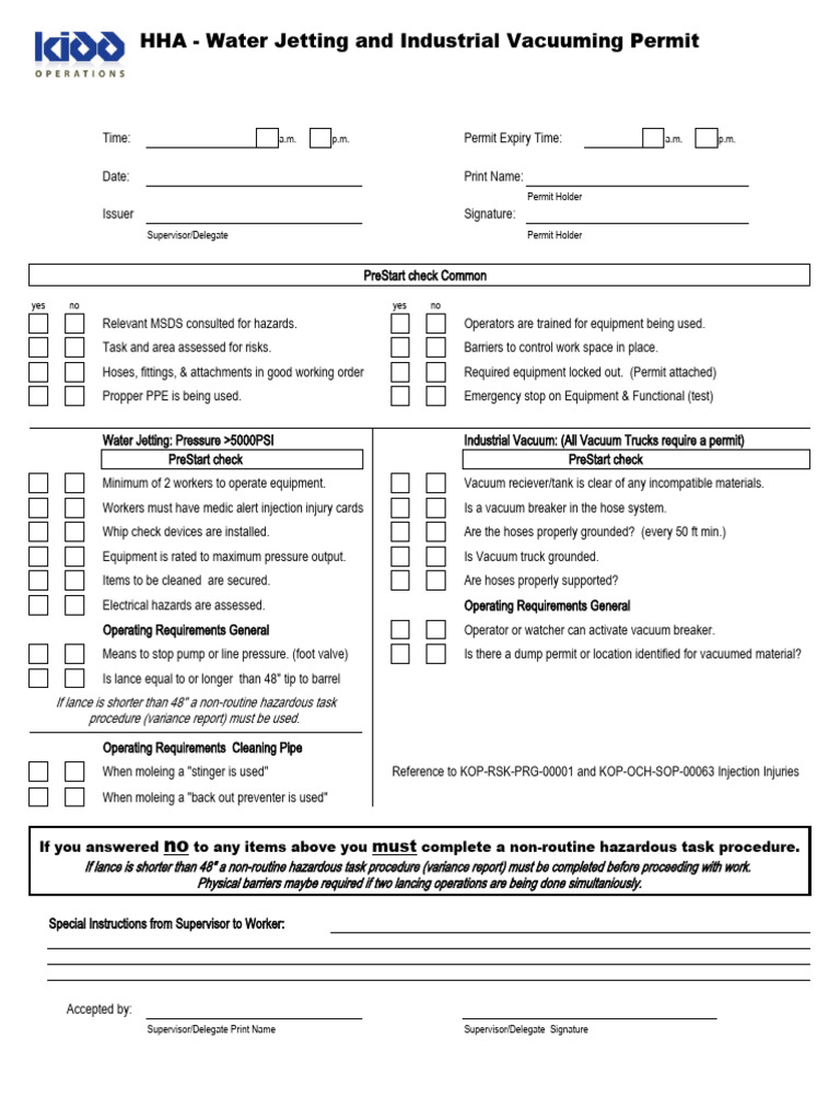 Water Jetting & Vacuuming Permit Checklist | PDF