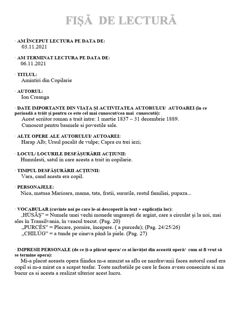 Amintiri Din Copilarie Fisa de Lectura | PDF