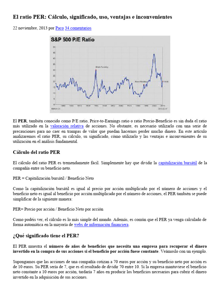 Cálculo y significado del ratio PER | PDF | Media móvil | Mercados ...