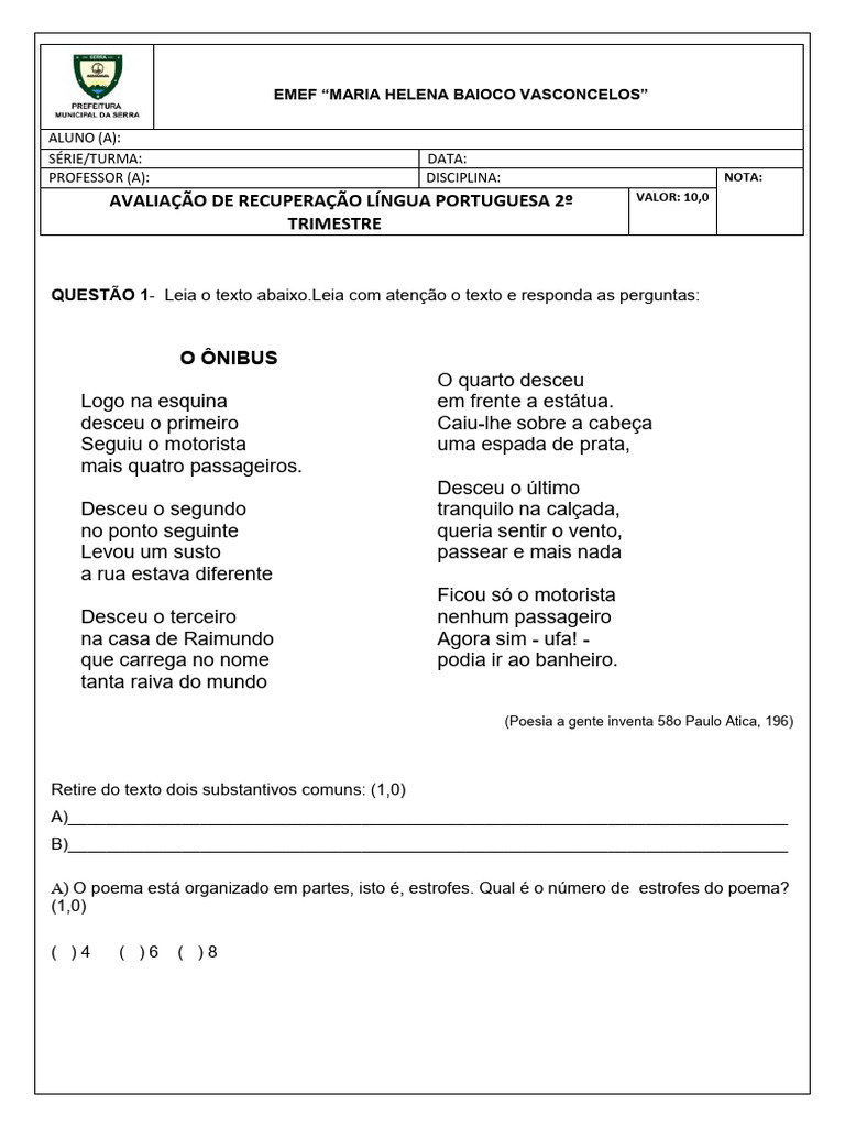 Recuperação Avaliação Língua Portuguesa - Baioco 2023 - 2º Trimestre | PDF