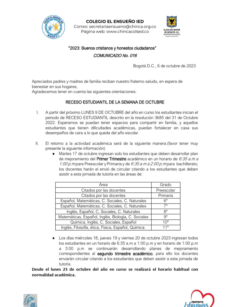 Comunicado No. 016 | PDF | Educación de la primera infancia