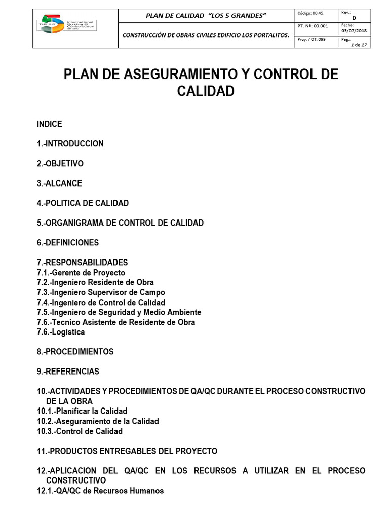 Plan de Calidad Obra Civil Hnunezl | PDF