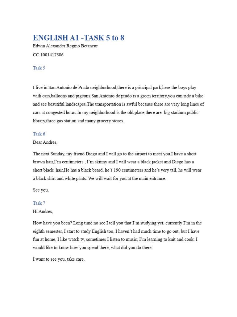 ENGLISH A1 - Task 5-8 | PDF