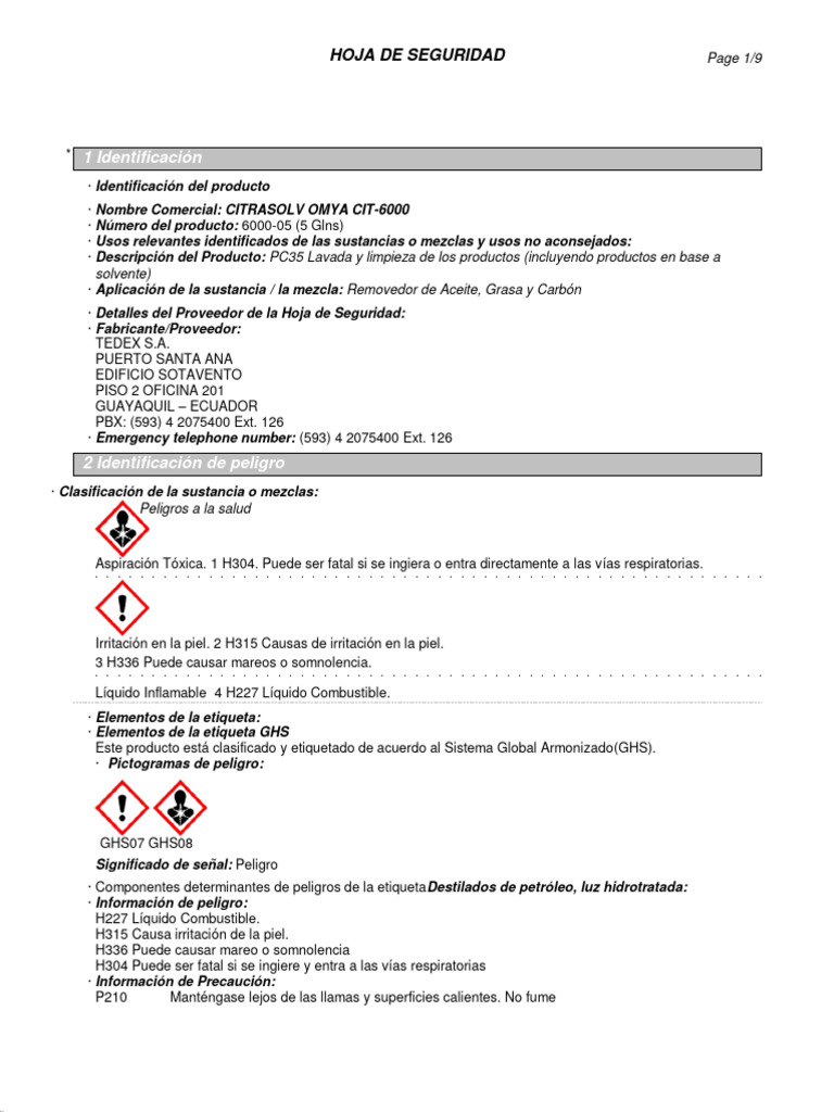 Hoja de Seguridad OMYA CIT-6000 - MSDS | PDF