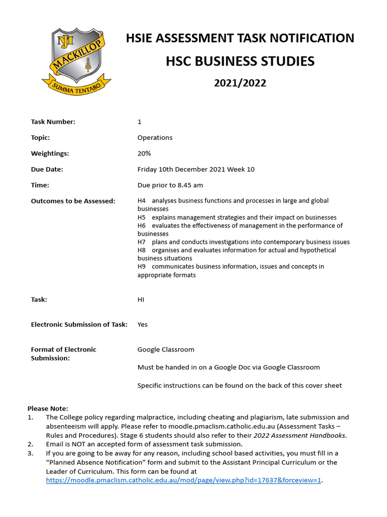 Hsie Business Studies Year 12 2022 Task 1 101221 | PDF | Cognitive Science