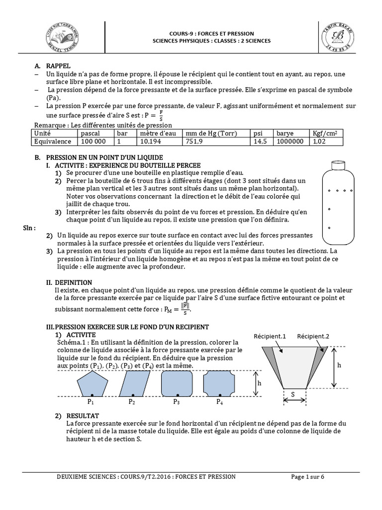 Cours-9: Forces Et Pression Sciences Physiques: Classes: 2 Sciences | PDF