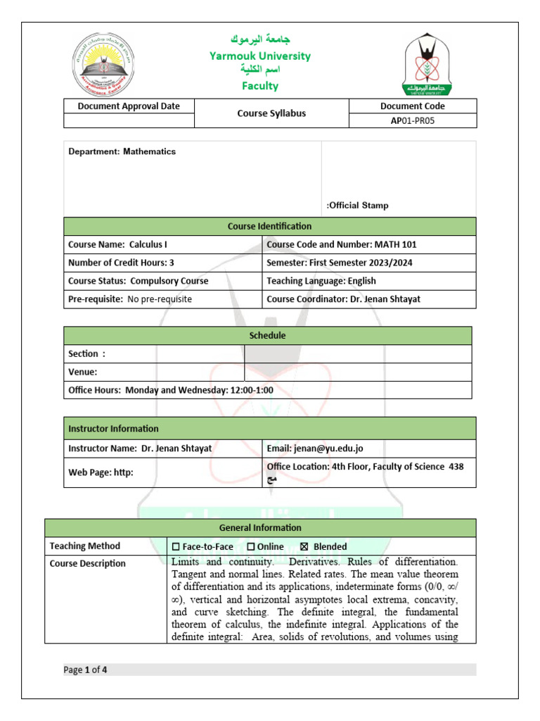 Calculus I Syllabus for Math Students | PDF | Integral | Function ...