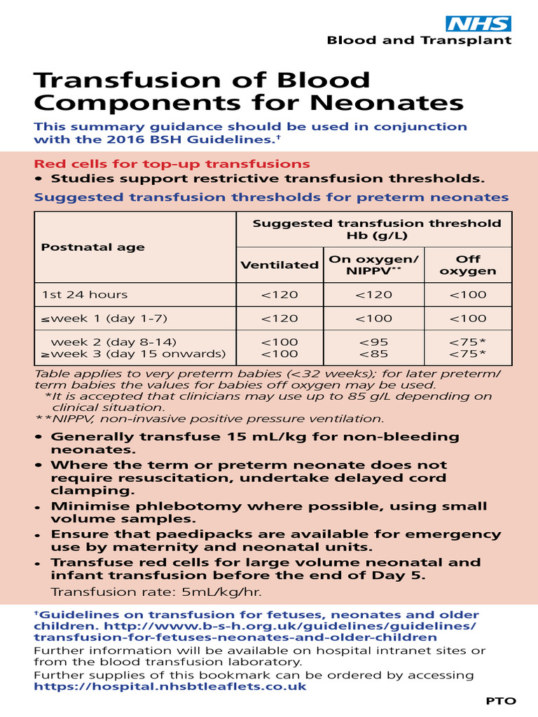 Neonatal Transfusion Bookmark 2017 | PDF