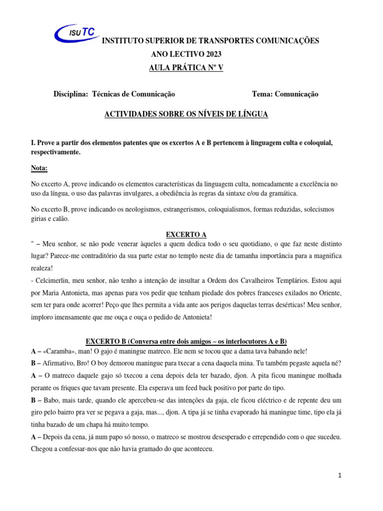 Níveis de Linguagem Prática - 2023 | PDF | Artes Linguísticas e Disciplina